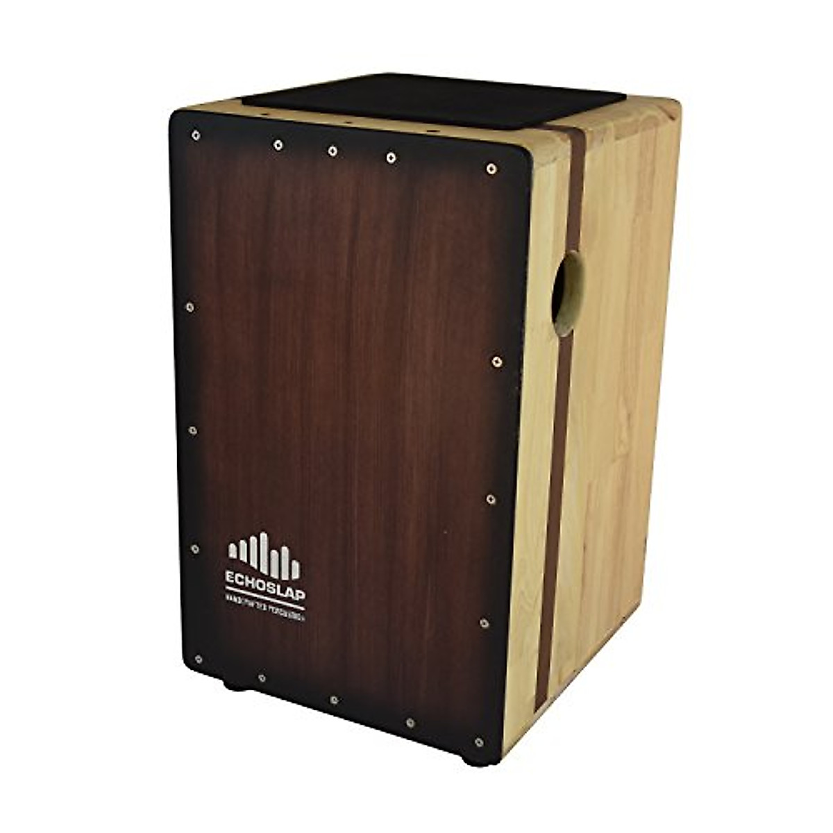 Echoslap Solid Siam Oak Bass Cajon - Vintage Dark Faceplate, Hand Crafted Solid Body for Deep Bass Tones, 6 Adjustable Snare Wires for Crisp Buzz, Two Sound Holes, Padded Seat + Free Backpack Gig Bag