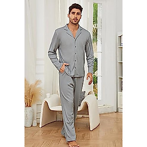 Andeip Mens Sleepwear Mens Pajamas Set Waffle Knit Long Sleeve Pjs Matching Lounge Set Light Grey L