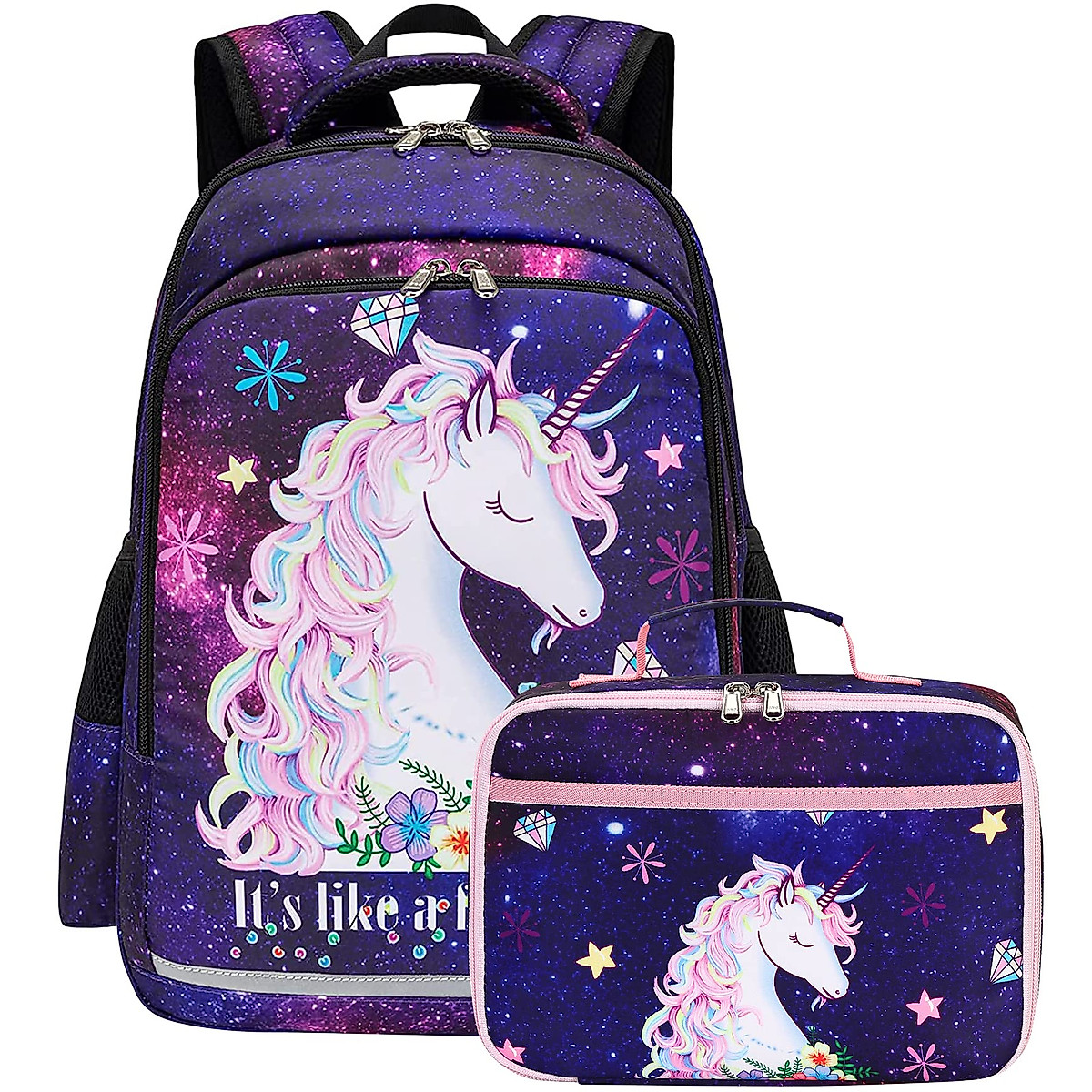 Girls Backpack for Kids Preschool Backpack with Lunch Box for Kindergarten Elementary Students (Galaxy-Purple)