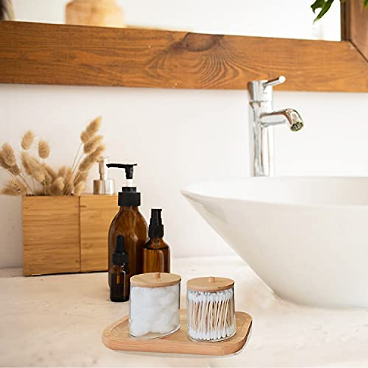 BAOFUFU Qtip Holder Bathroom Organizer Acrylic Apothecary Jars with Bamboo Tray for Cotton Ball Pad Holds Floss Small Items Bamboo Bathroom Accessories Restroom Organization 3Pack