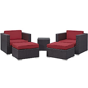 Modway Convene Wicker Rattan 5-Piece Outdoor Patio Furniture Set in Espresso Red