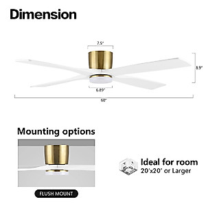 WINGBO 60 Inch Flush Mount DC Ceiling Fan with Lights and Remote, 4 Reversible Carved Wood Blades, 6-Speed Noiseless DC Motor, Hugger Ceiling Fan in Brass Finish with White Blades, ETL Listed
