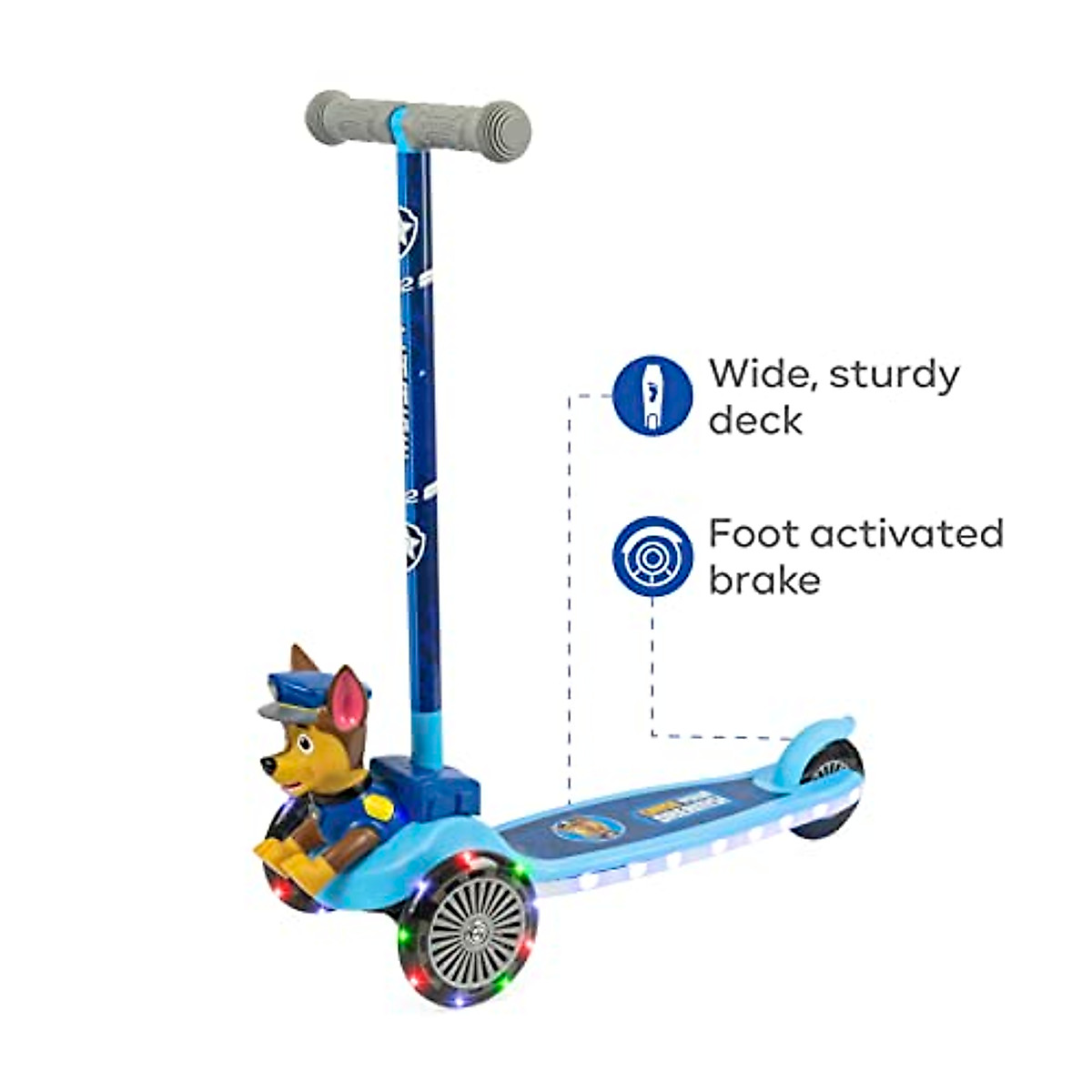 Paw Patrol Chase Kick Scooter for Kids, Self-Balancing 3 Wheeled Light Up Scooter with Extra Wide Anti-Slip Deck, Rear Brake, Lean to Steer, Lightweight Design, for Kids 3 and up, 75 LB Limit