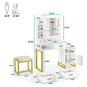 PAKASEPT Makeup Desk with Mirror and Lights, Desk and Chair, Vanity Table Set with Cushioned Stool, Shelves & Drawers, Storage Cabinet for Bedroom, White