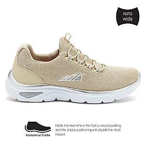 Avia Junction Women’s Slip On Sneakers - Comfortable, Breathable No Laces Shoes for Women with Memory Foam - Tan/Silver Grey, 6.5 Medium