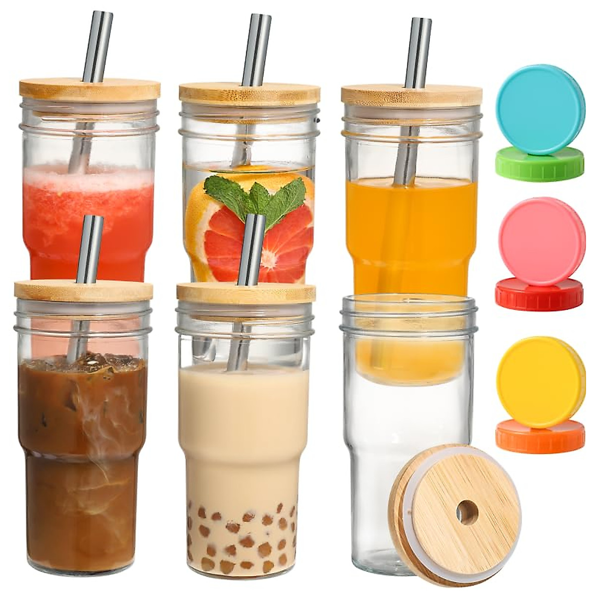 6 Pack Glass Tumbler with Lid and Straw, 24 oz Reusable Boba Smoothie Cups Iced Coffee Mason Jar Drinking Glasses for Bubble Tea, Beer.