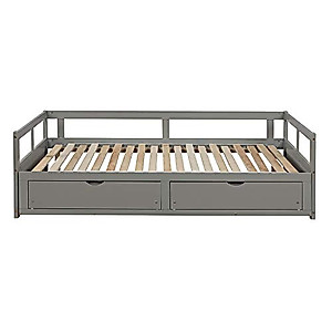 DANGRUUT Upgraded Version Wooden Daybed with Trundle Bed and Two Storage Drawers, Luxurious Bed Daybed Can be Extendable from Twin Size to King Size, Sofa Bed for Bedroom Living Room (Grey)