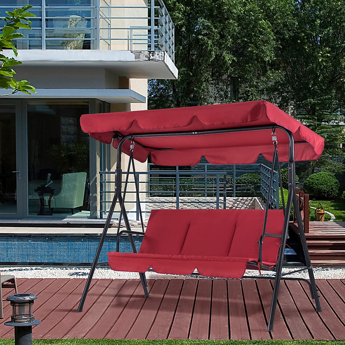 MCombo 3-Person Outdoor Patio Swing Chair, Convertible Canopy Hanging Swing Glider Lounge Chair, Removable Cushions, 4003 (Red)
