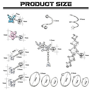 Drperfect Cartilage Helix Tragus Conch Piercing Jewelry 20G 16G Stainless Steel CZ Butterfly Flower Curved Spiral Cartilage Earring Set for Women Men Hoop Stud Ear Piercing Jewelry