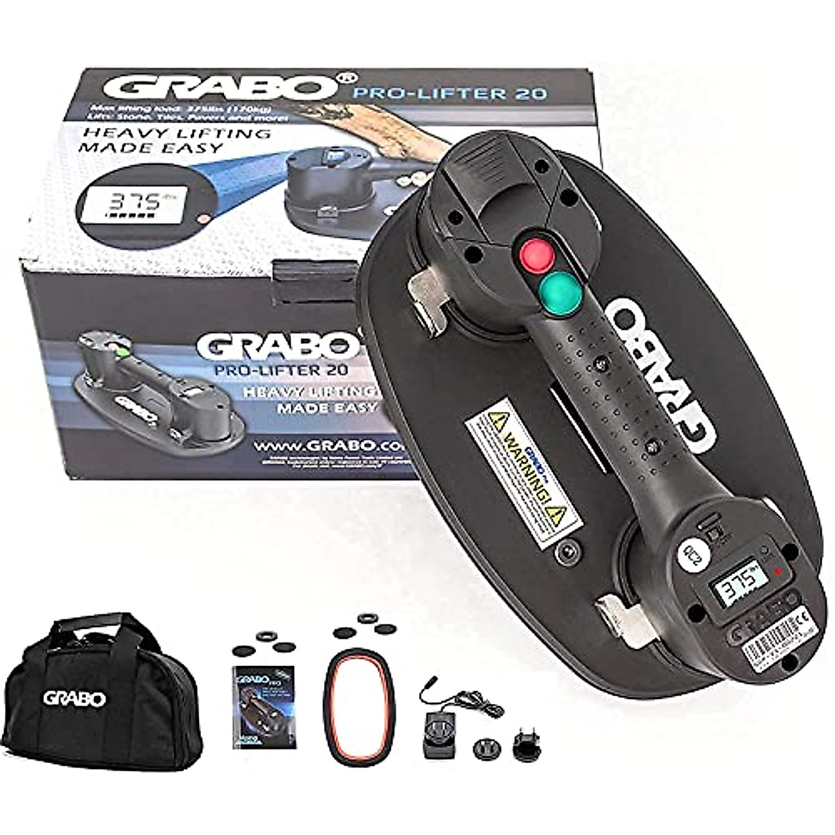 GRABO PRO-Lifter-20 Electric Vacuum Suction Cup (2021) For Tiles, Stone, Wood, Glass, Concrete Pavers, Drywall. Lifts up to 375lbs with Auto Shut-OFF Switch. Incl: 1 Battery,1 Seal, Charger, Carry Bag