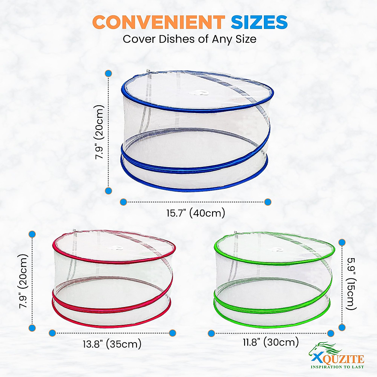 XQUZITE Pop Up Mesh Food Covers - Collapsible Pop Up Food Cover Set for Camping, Picnic and Outdoors - Complete with Plastic Food Cover Wraps