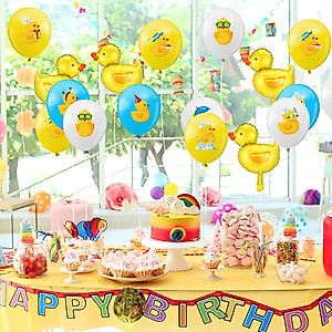 Sratte 40 Pcs Duck Balloon Rubber Duck Party Decorations 12 Inch Duck Shape Foil Balloons Blue Pink Yellow White Latex Balloon for Baby Shower Rubber Duck Themed Birthday Party Supplies (Shower)