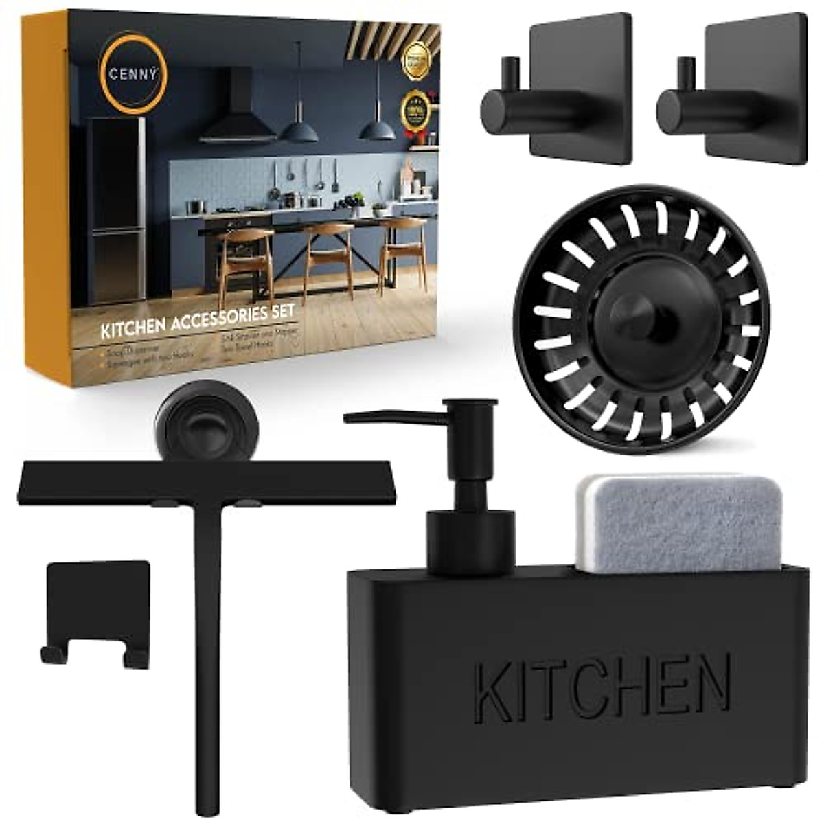 All in One New 2023 Cenný Kitchen Accessories Gift Set for Home and RV Essentials Countertop Dish Soap Dispenser with Sponge Holder Silicone Squeegee Sink Strainer & Stopper Towel Hooks Black