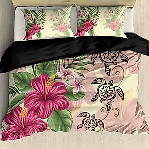 Gearider Pink Tropical Hibiscus Floral Printed Duvet Cover, Mandala Turtle Soft Bedding Set, 3 Pieces, Zipper Closure & 2 Pillow Shams - Size King