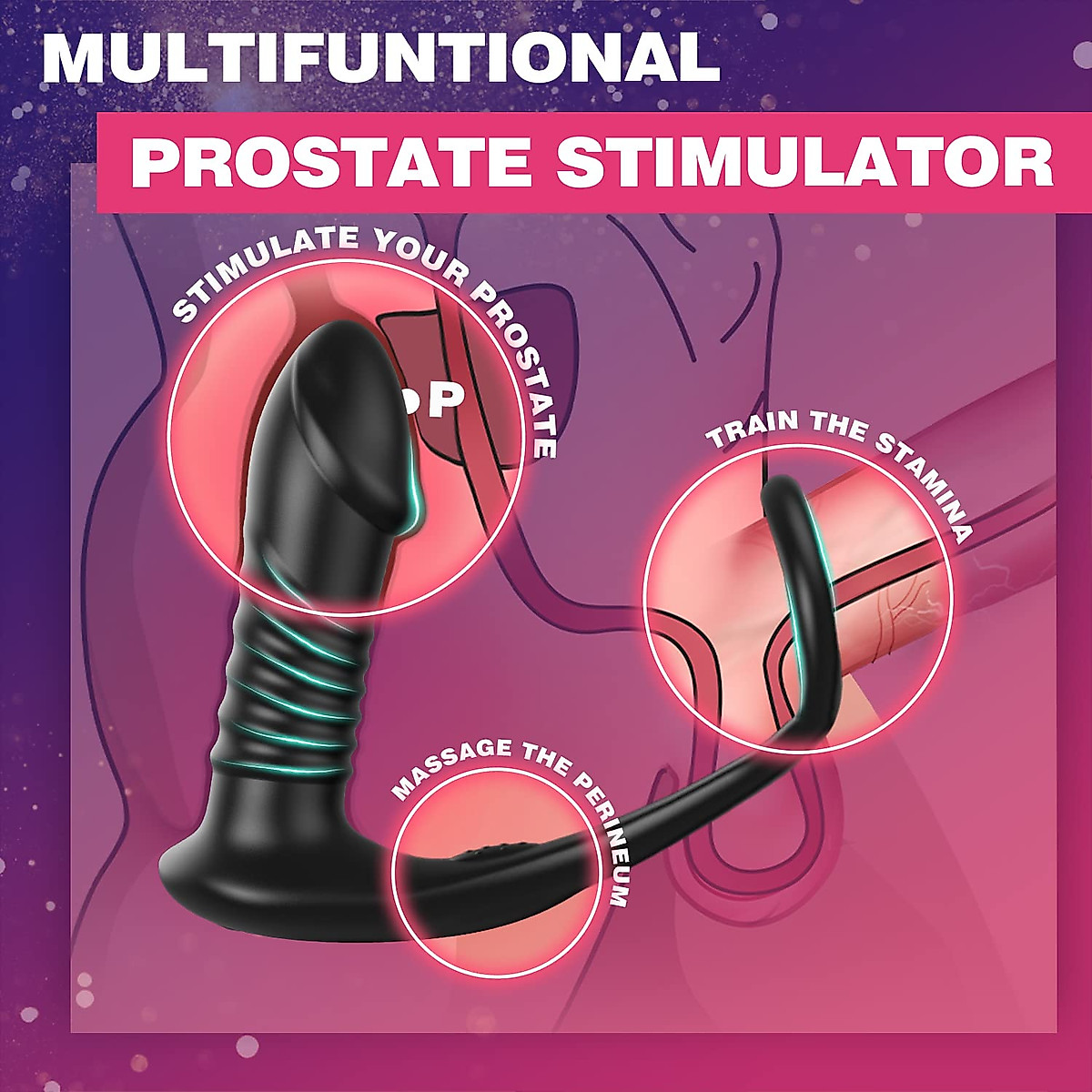 Thrusting Anal Vibrator with Thick Penis Ring, 3*10 Vibrating&Telescopic Prostate Massager Dildo Shaped Anal Plug, TIVINO Silicone Male Sex Toys Gay Toy for Men Masturbation and Foreplay