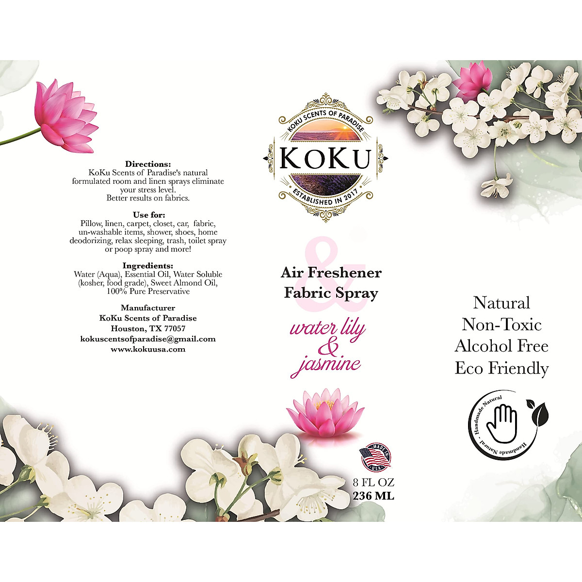 Water Lily Jasmine Air Freshener - Room Spray - Odor Eliminator - Deodorizer - Car Air Freshener - Home Spray - Linen Spray - Fabric Refresher - None Toxic - Alcohol Free - Made in USA (8 Oz)