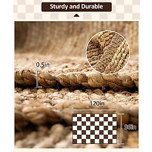 SUMGAR Neutral 100% Jute Rug 8x10 Ft Hand Woven Boho Area Rug Fiber Braided Checkered Large Carpet Home Decor for Living Room Bedroom Dining Room