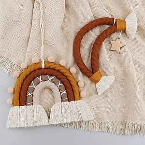 ZWADOU Rainbow Moon Wall Hanging,Rainbow Moon Wall Art,Handmade Macrame Rainbow Wall Decor for Nursery Kids Room Home Decor, Yellow+brown, rainbow:8*7in,luna:9.5*5.5in