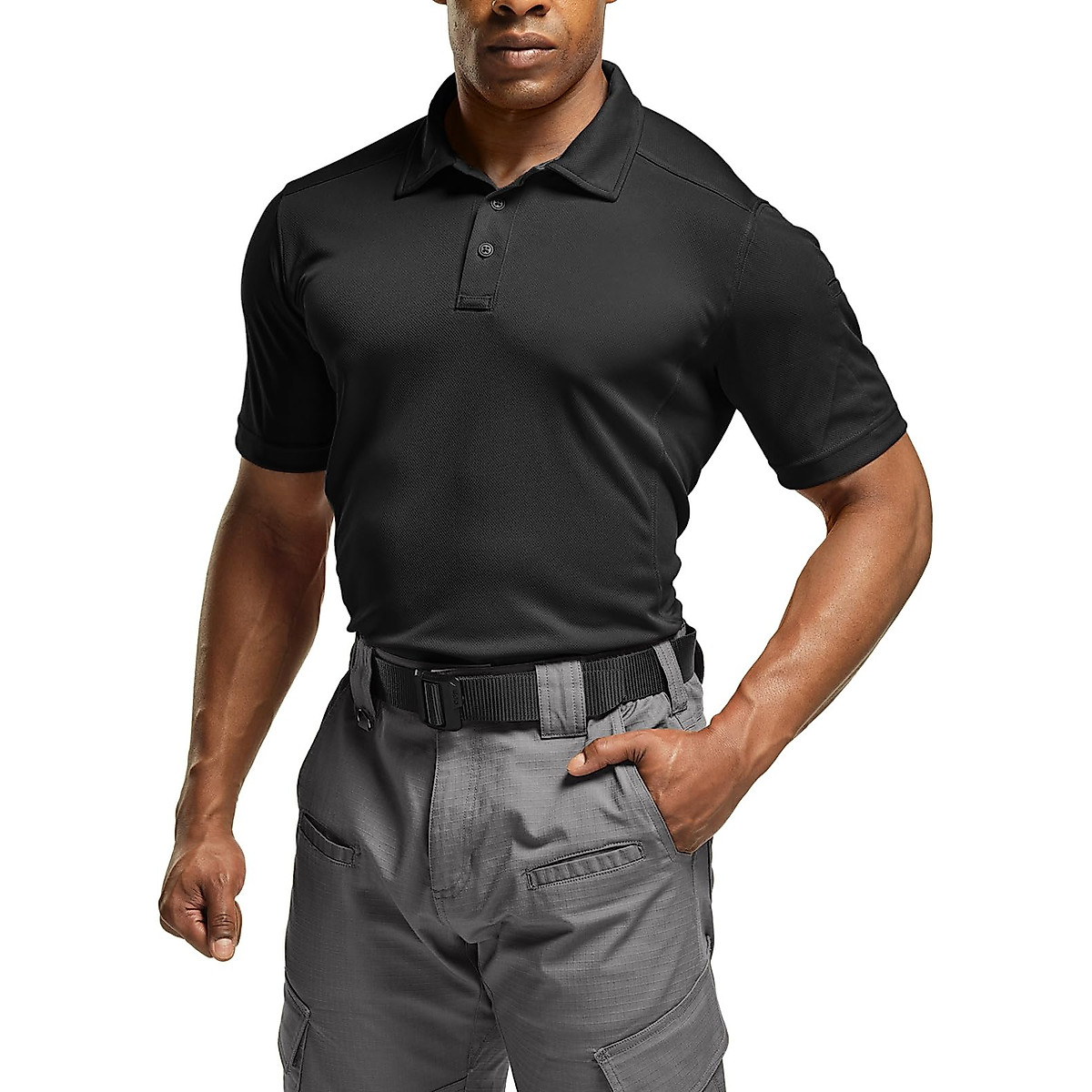 CQR Men's Polo Shirts, Tactical Short Sleeve Golf Performance Shirts, Lightweight Dry Fit UPF 50+ Pique, Frost Essential Black, Medium