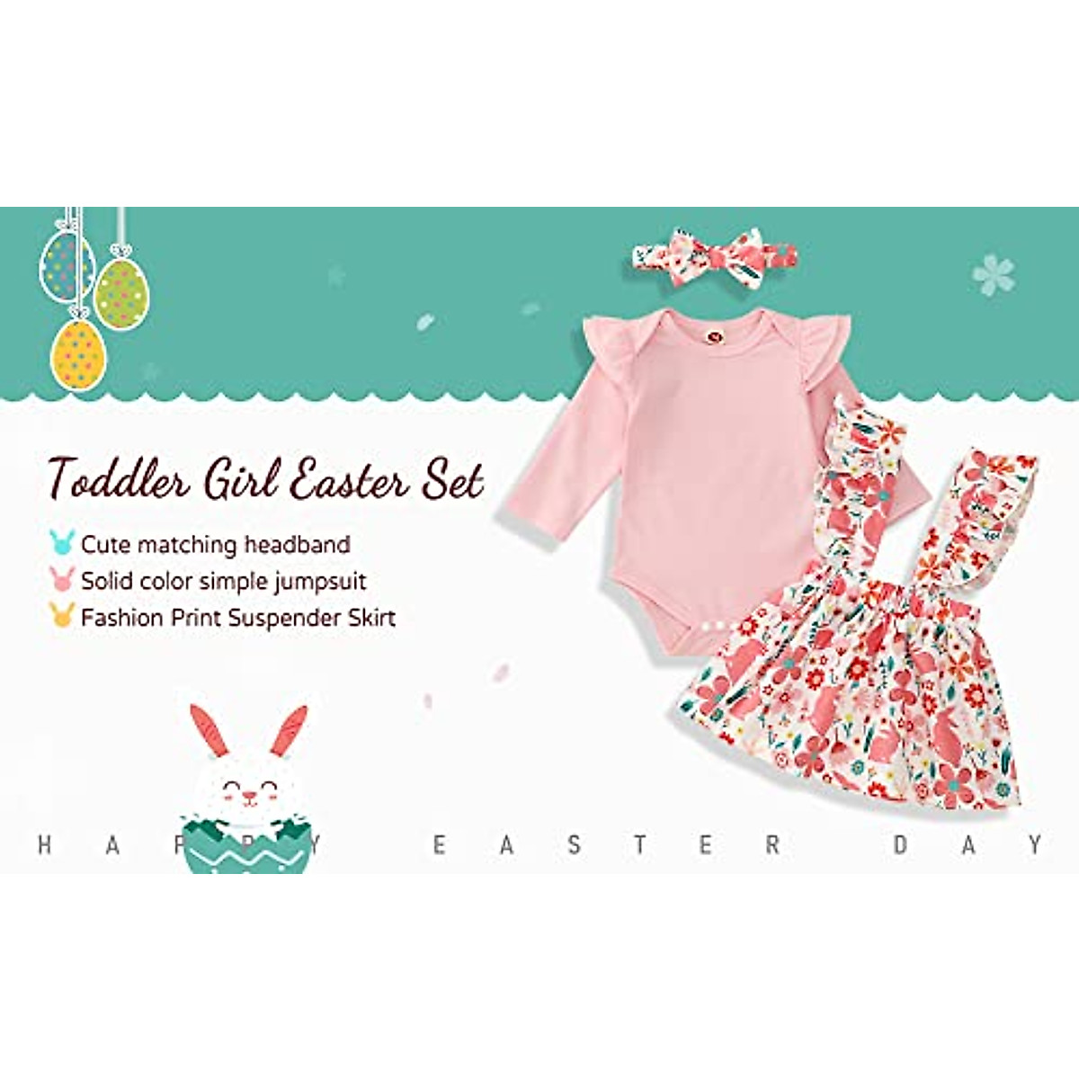 TUEMOS Baby Girl First Easter Outfits Long Sleeve Romper Bunny Suspender Skirt Easter Newborn Clothes Set Flower Pink 3-6 Months