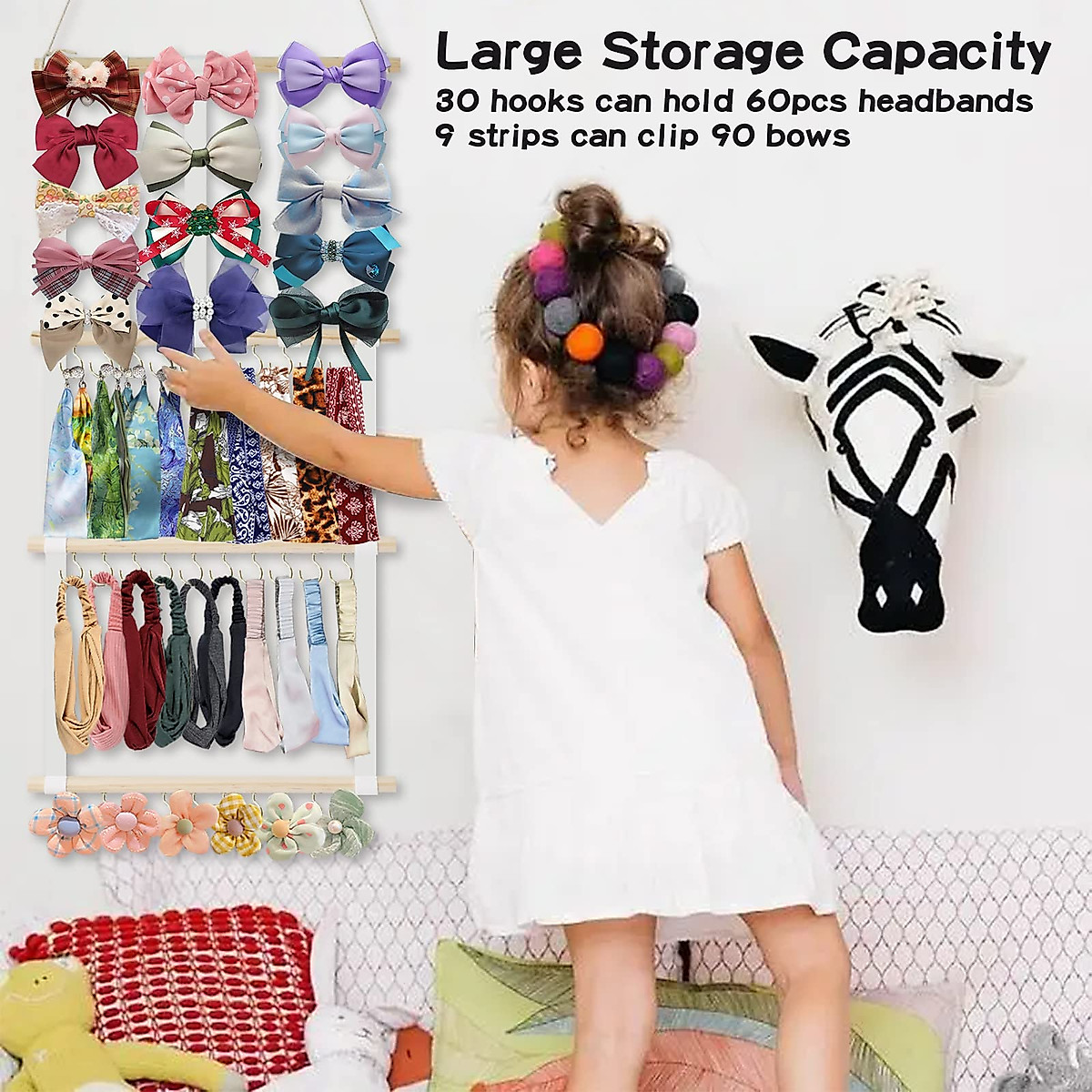 Aesorad Bow Holders for Girls, Hair Bow Holder Organizer for Girls Hair Bows and Headbands, Hair Clips Tie Headband Holder Storage for Baby Girl Room Nursery Wall Hanging Door