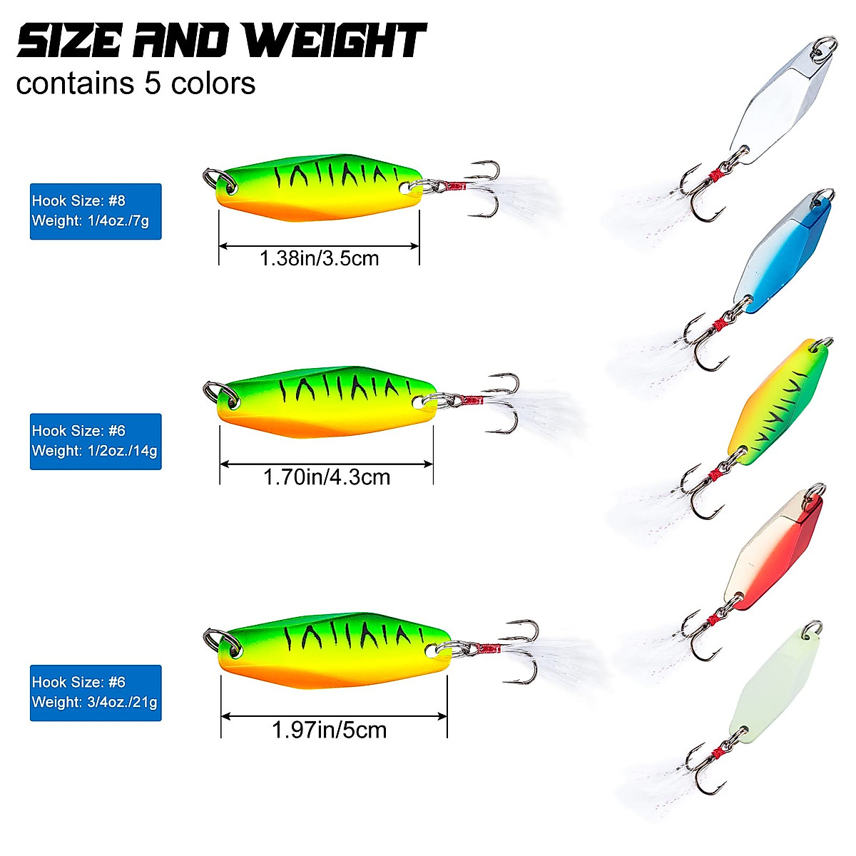 Goture Fishing Spoons Lures,Metal Spoon Trout Lures,Long Distance Casting Fishing Lures for Trout Bass Crappie Pike Saltwater and Freshwater Fishing, 5 Size Jigging Spoons with Fishing Tackle Box
