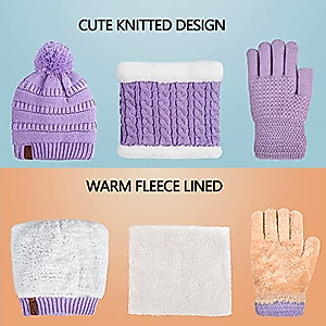 Kids Winter Beanie Hat Toddler Gloves Girls Infinity Scarf Youth Neck Warmer Warm Fleece Pom Cap Purple Thermal Knit Set 6-10 Years Old, Gorros Gorras Bufandas Para Niñas Niños, Gifts for Childrens