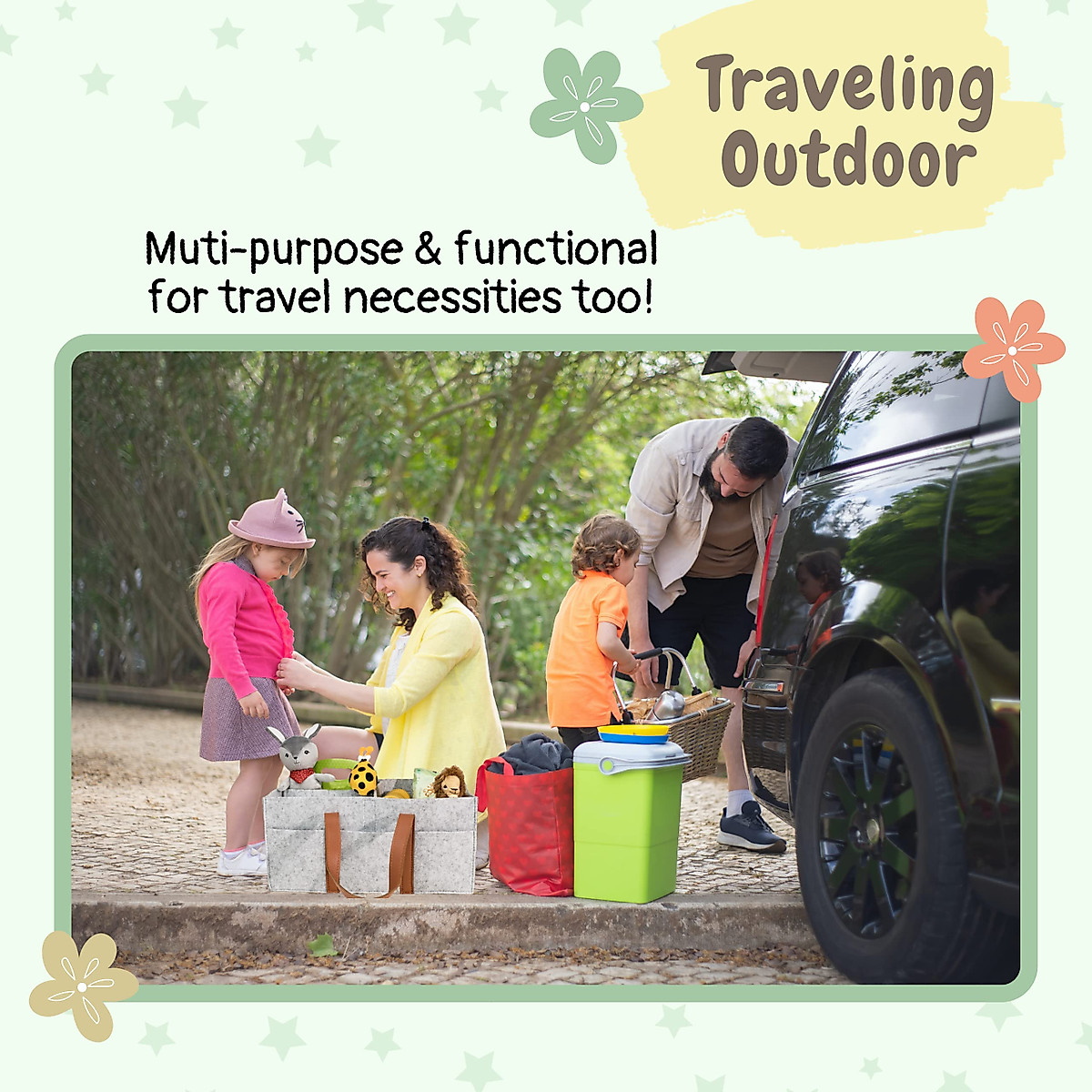 SanYeth Minimalist Grey Felt Diaper Caddy - Organizer Basket for Car, Nursery & Travel - 3 Compartment, Portable, Neutral Gift for Baby Boy or Girl