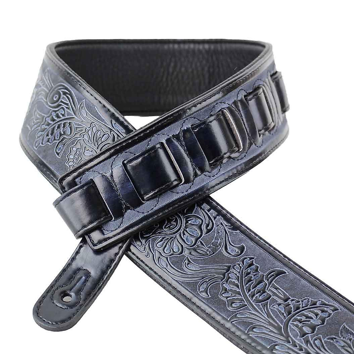 Walker & Williams DLX-282 Handmade Brushed Black Padded Guitar Strap with Embossed Tooling For Acoustic, Electric, And Bass Guitars