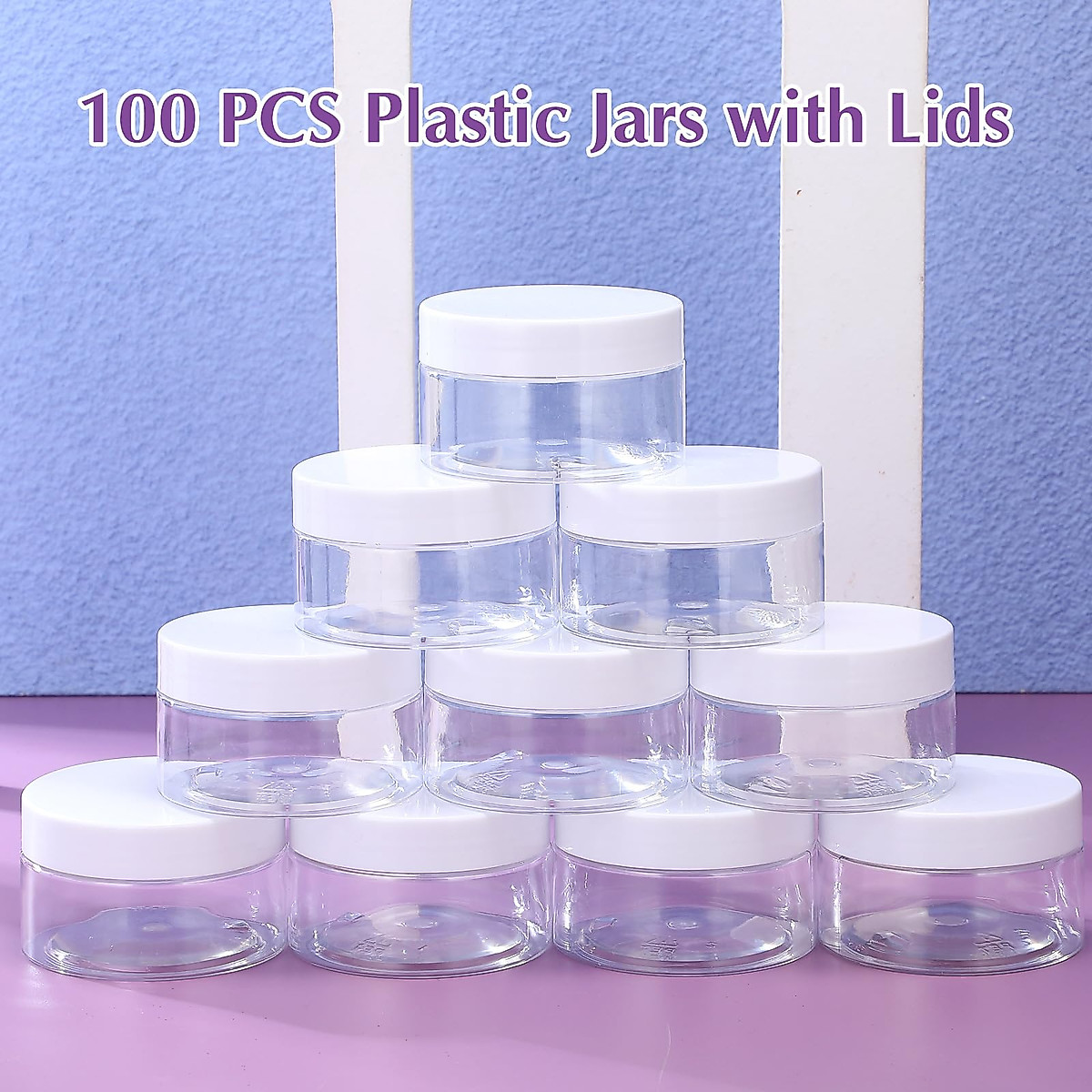 SATINIOR 100 Pcs Plastic Jars with Lids Small Containers Lids Wide Mouth Small Plastic Containers for Lotion Cream Rhinestones Body Butters Travel Storage(4 oz,Clear with White Lid)