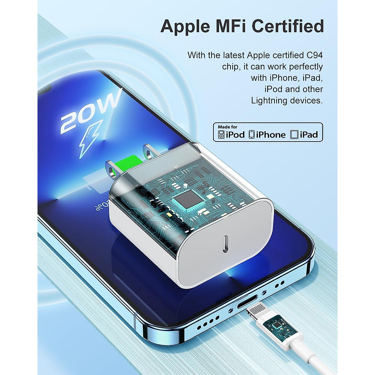 Susnwere iPhone 14 13 12 Charger Fast Charging, 2 Pack 20W Fast PD USB C Wall Charger Adapter with 3Pack 6Ft USB C to Lightning Cable (MFi Certified) for 14/14 Plus/14 Pro/14 Pro Max/13/ White