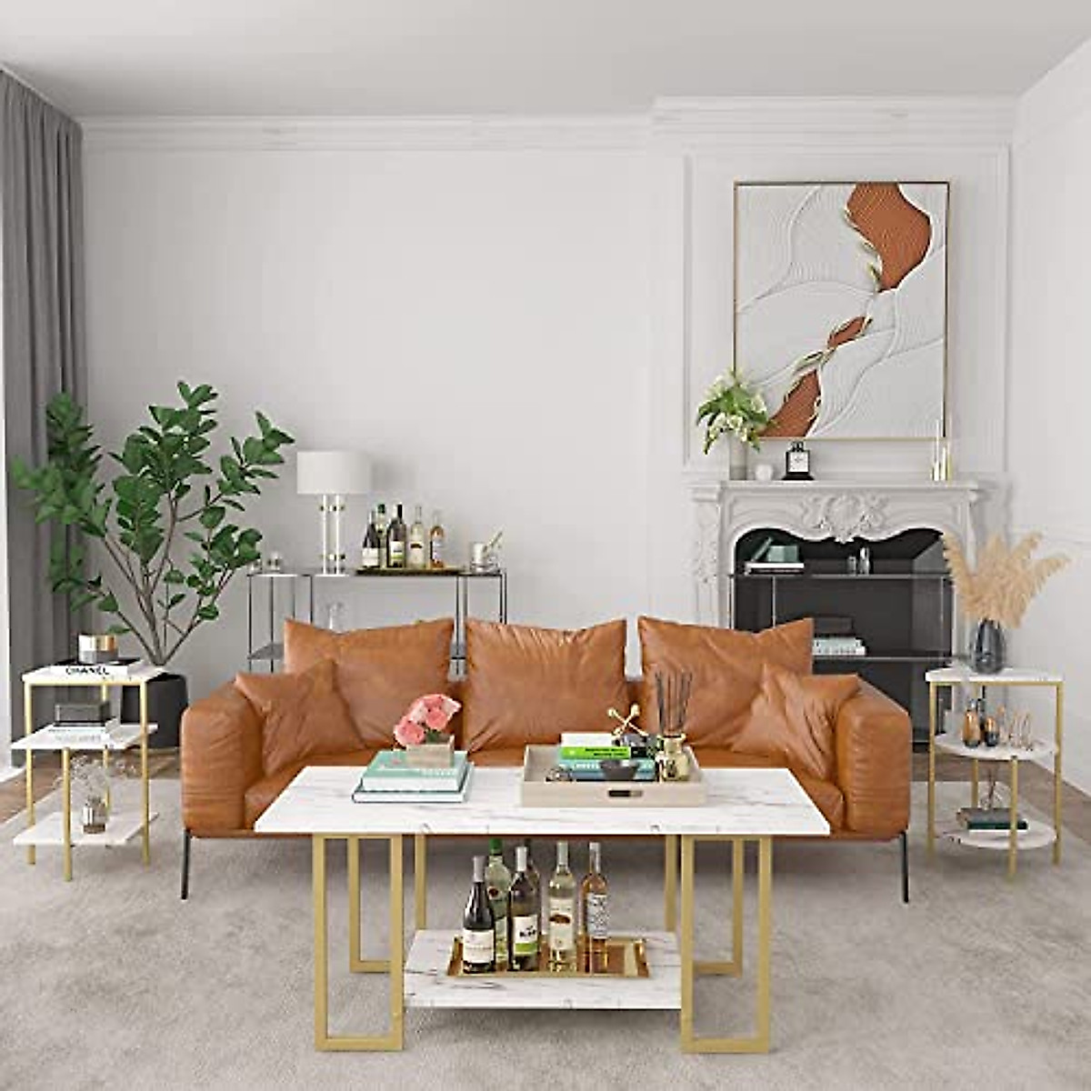 AWQM Faux Marble Coffee Table Set, Coffee Table &2 Side Table, Metal Frame, 3 Piece Living Room Table Sets Perfect for Living Room Apartment, White & Gold