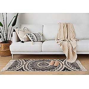 Seavish Tufted Cotton Rug, 2.3X5.2 Black Mandala Boho Rug for Bedroom, Hand Woven Bohemian Runner Throw Rugs, Shag Accent Fringe Tassel Rug for Bedside Kitchen Laundry Room Rug