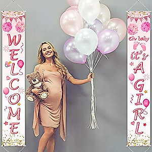 Baby Shower Decorations Welcome It's a Girl Banner Backdrop Background Door Hanging Porch Sign for Baby Shower Party Supplies, 71 x 12 Inch