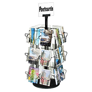 Post Card Display Stand With 24 Pockets For Countertop Use, 28-1/4 Inches Tall, Black Rotating Wire Rack With Molded Plastic Base And Sign Clip