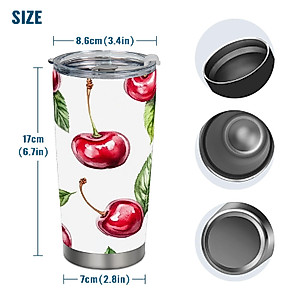 QWEUIOP 20oz Insulated Travel Coffee Mug Cherry Green Leaf Pattern Stainless Steel Tumbler with Lid Double Wall Vacuum Coffee Cup For Hot and Cold Drinks14116