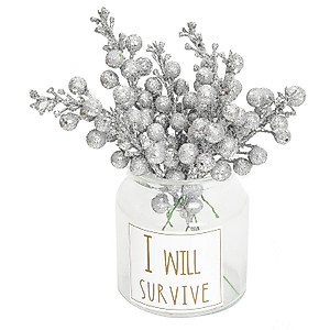 Artiflr 14 Pack Christmas Glitter Berries Stems Clearance, 7.8 Inch Artificial Christmas Picks for Christmas Tree Ornaments, DIY Xmas Wreath, Crafts, Holiday and Home Decor, Silver