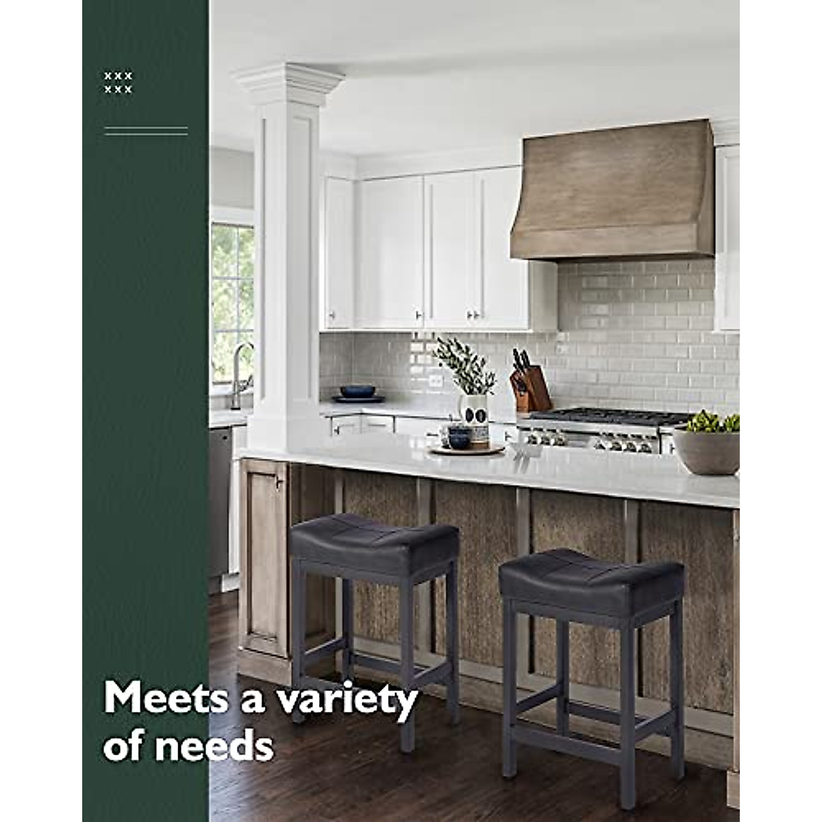 KATDANS Bar Stools Set of 2 - Counter Height Stools - 24 Inch Saddle Stool - PU Leather Kitchen Stools - Black Seat - Black Metal Base, KS861P-Black