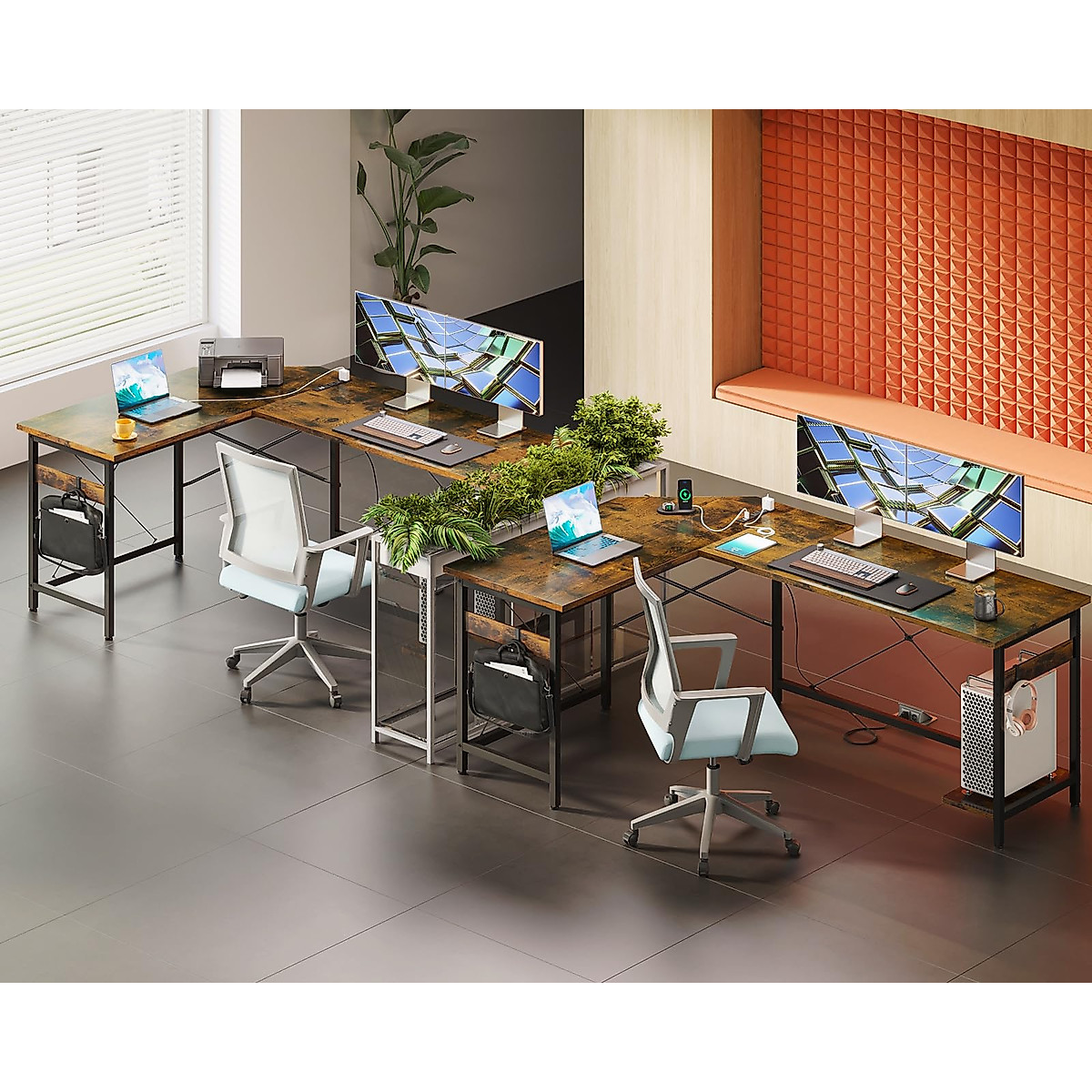 Coleshome 66" L Shaped Gaming Desk with Outlet, L Shaped Desk with CPU Stand, Corner Computer Desk, Home Office Desk, Writing Desk, Vintage