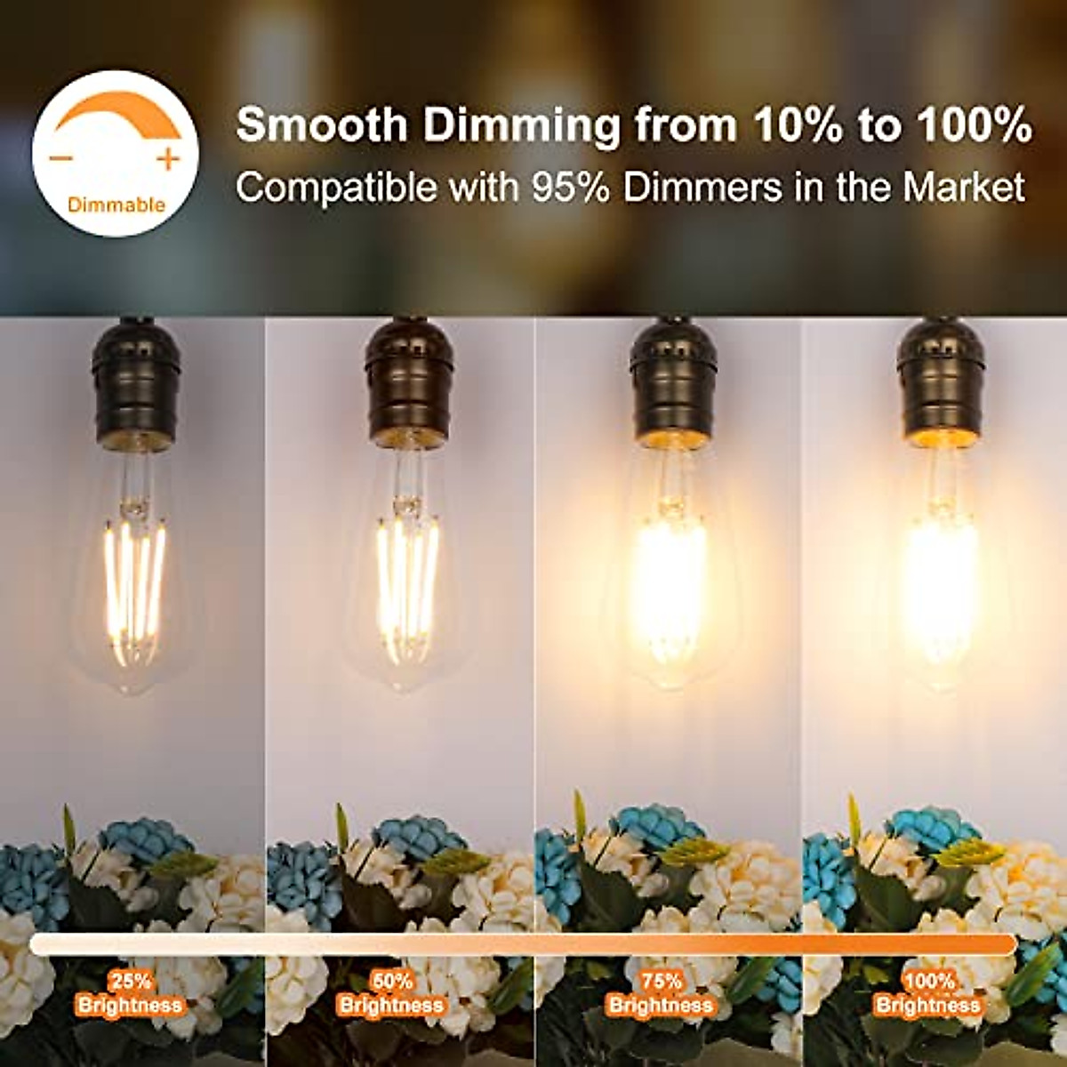 PARTPHONER LED Light Bulbs Dimmable Vintage Edison Bulb, E26 LED Bulb 60W Equivalent 720 Lumens, Warm White 2700K, ST58 Antique LED Filament Bulb CRI 85+, Clear Glass, Pack of 4