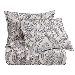 HiEnd Accents Nicole 3 Piece Duvet Set with Pillow Shams, Super King Size, Gray Damask Pattern, Traditional Romantic Shabby Chic Style Luxury Bedding Set, 1 Duvet and 2 Pillowcases