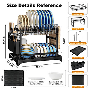SRIVIJA 2 Tier Detachable Large Sink Dish Drying Rack Over The Kitchen Counter with Drainboard&Silicone Dish Drying Mat,Kitchen Large 2 Tier Stainless Steel Drying Rack with Dishes Drainer(Black)