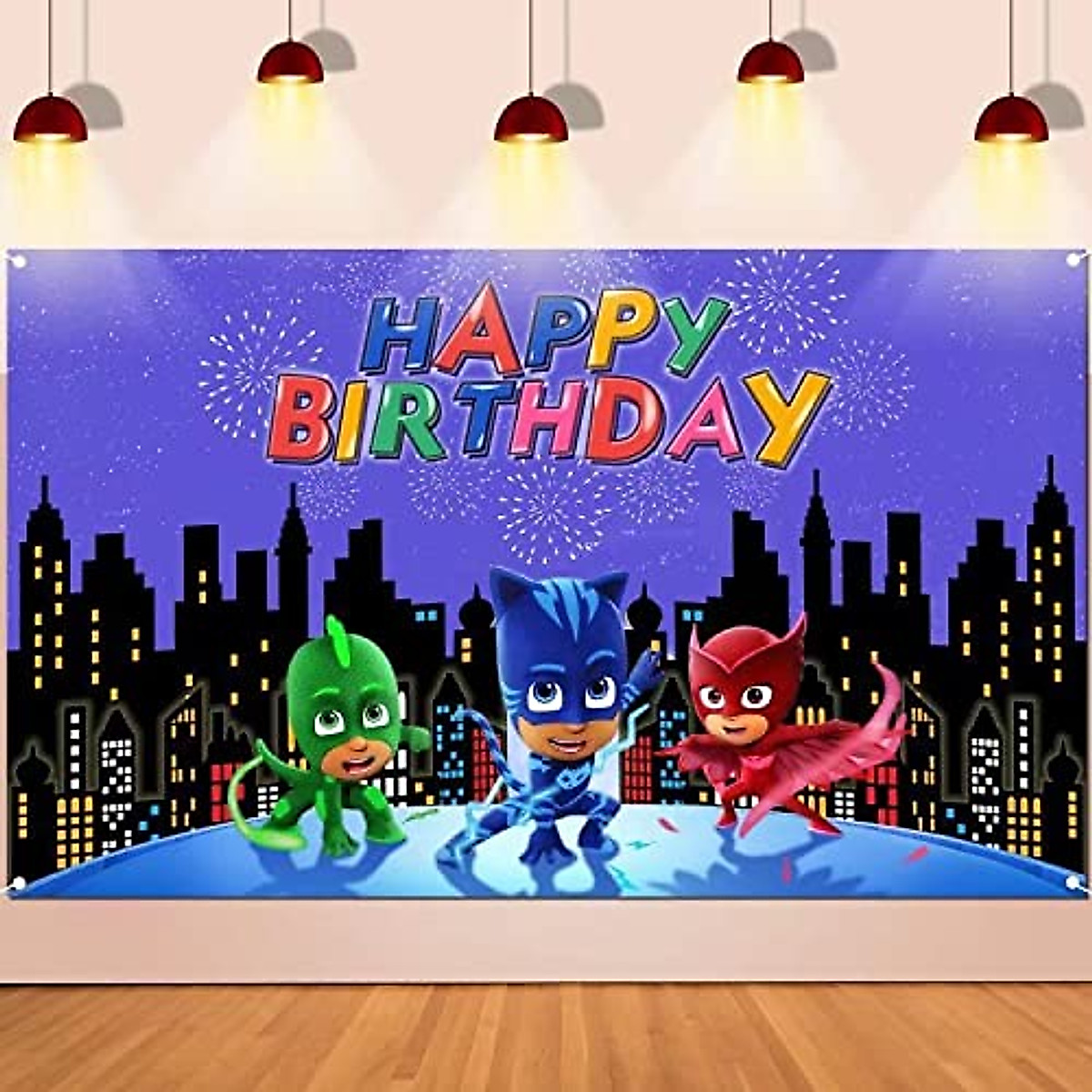 Bnuwue Mask Superhero Party Backdrop - 5x3ft Super City Birthday Backdrop Fireworks Cityscape Mask Party Supplies Backdrop for Baby Shower, Photo Booth Props