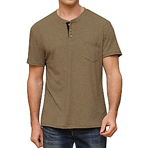 Fashion Men's Henley Shirts Classic Short Sleeve Basic Button Cotton T-Shirt with Pocket Khaki