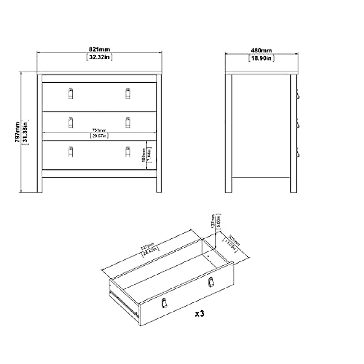 Tvilum 3 Drawer Chest, White