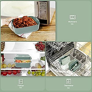 KEMETHY Bento Box Adult For Lunch, Stackable Large Capacity Containers with Tableware and Sauce Cups for Adults, Leak-Proof 2000ML/68OZ Green