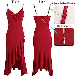 VFSHOW Womens Sexy Ruffle Deep V Neck Cocktail Party Bodycon Midi Dress Spaghetti Strap 2023 Hi-Lo Slit Mermaid Sparkly Dress (Red, Large) 10500C RED L