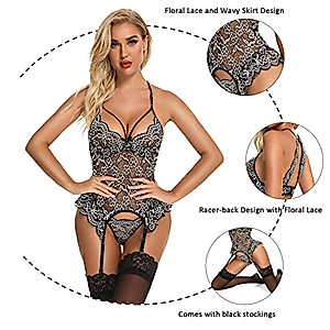 Aranmei Sexy Lace Lingerie Set with Garter Belt and Stockings, Women's Babydoll Teddy Bodysuit Black M