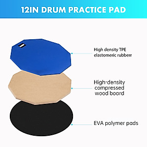 GrowDaily Drum Practice Pad for drumming drum pad and sticks 12 In,Sided With 2 Pairs/4 Maple 5A Drum Sticks & Storage Bag (Blue)