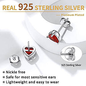 Women Earrings Hypoallergenic 925 Sterling Silver Love Heart Earrings Studs Red Cubic Zirconia Ruby Gemstone July Birthstone Stud Earrings for Sensitive Ears